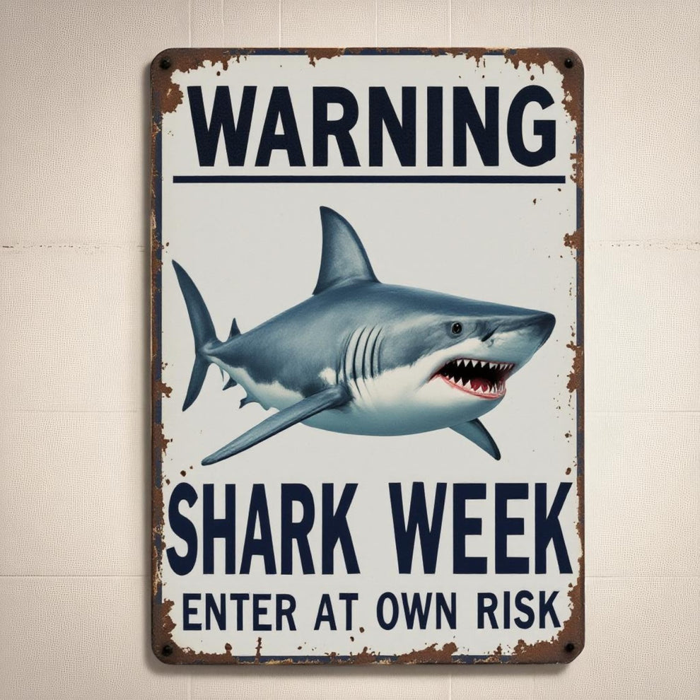 Warning: Shark Week – Enter at Own Risk sign – Wainfleet Trading Post